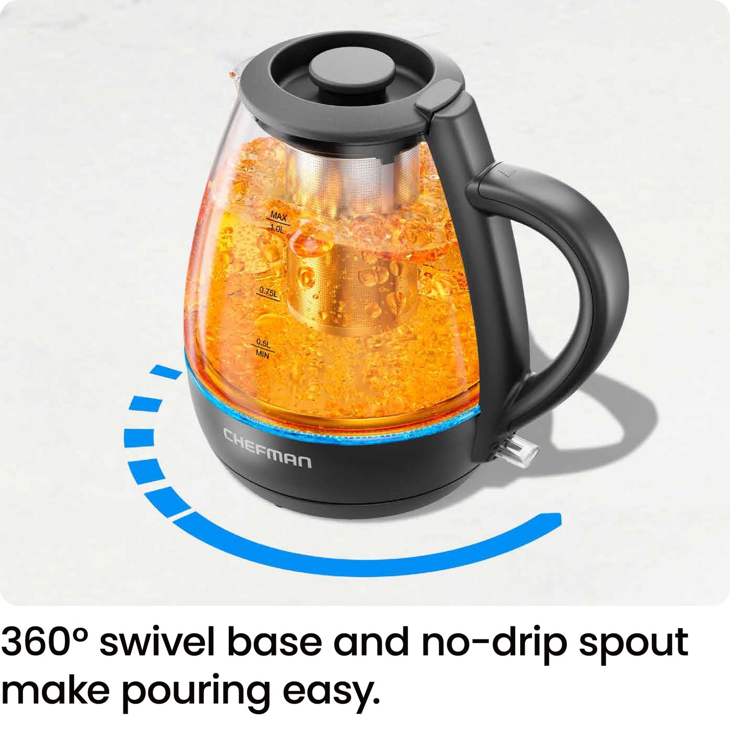 Chefman Electric Kettle with Tea Infuser, 1L 1500W, Removable Lid for ...