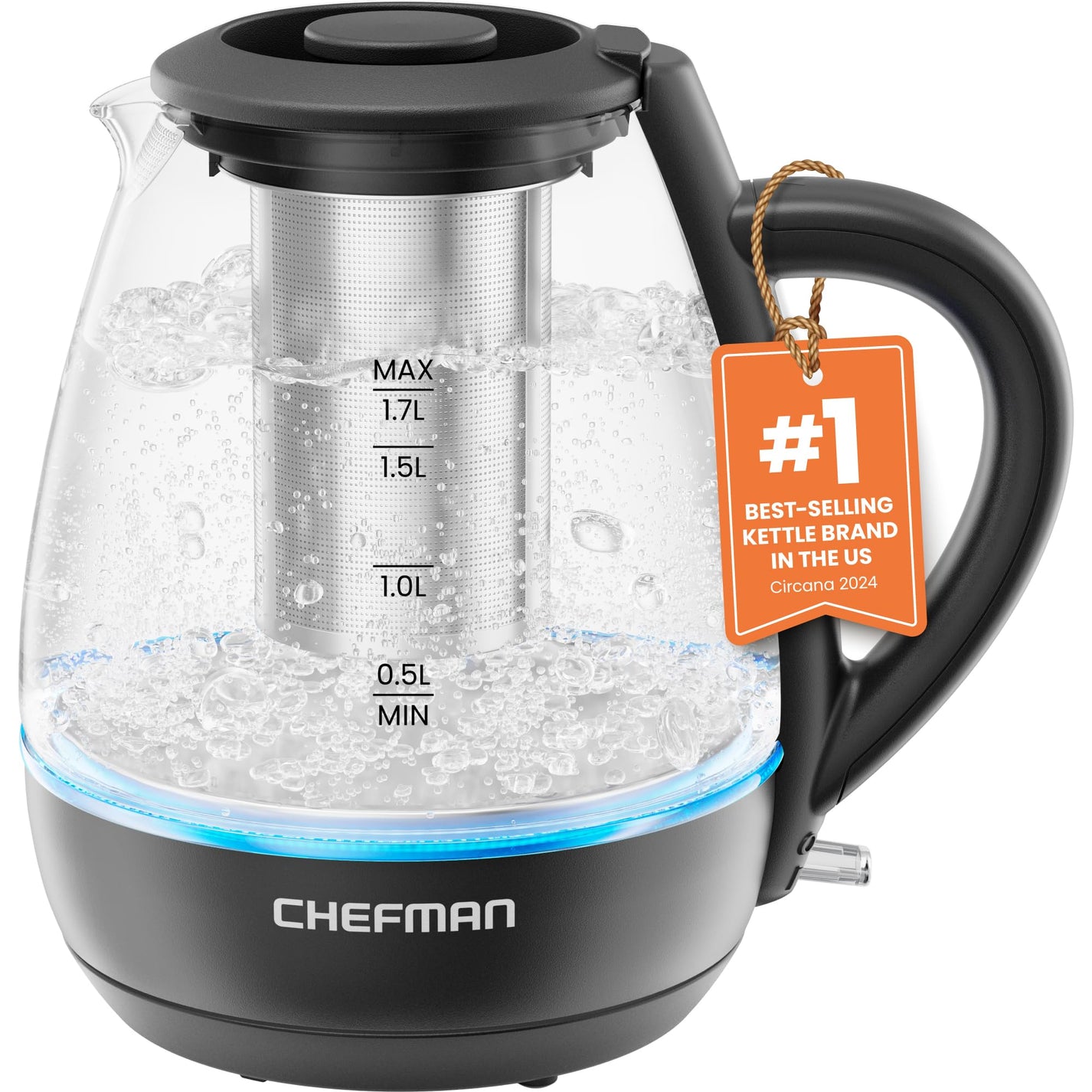 Chefman Electric Kettle with Tea Infuser, 1L 1500W, Removable Lid for ...